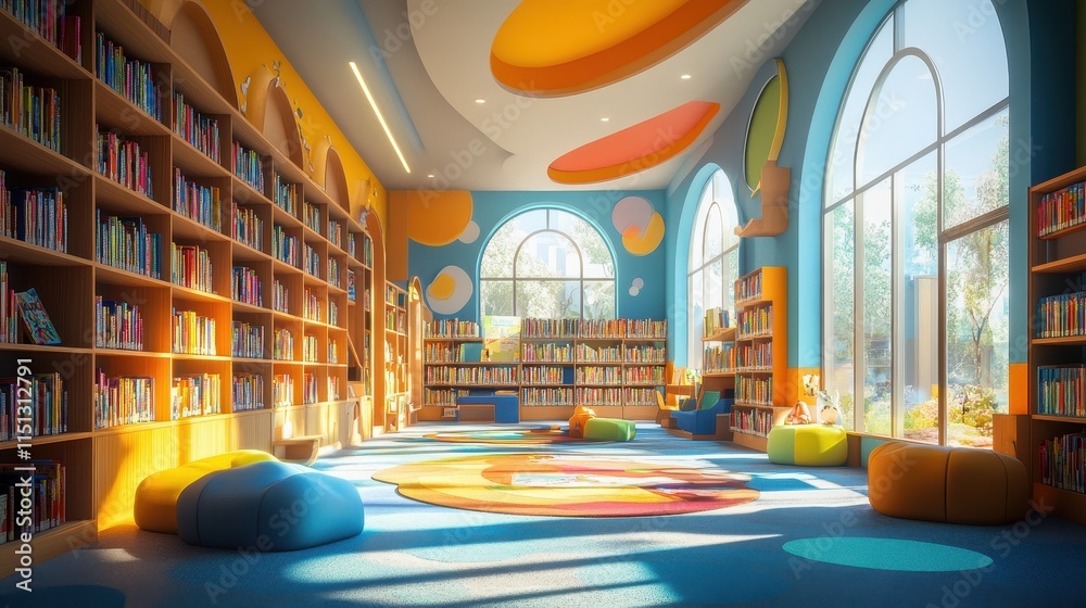 Childrenâ€™s section of a library, bright and colorful, with playful ...