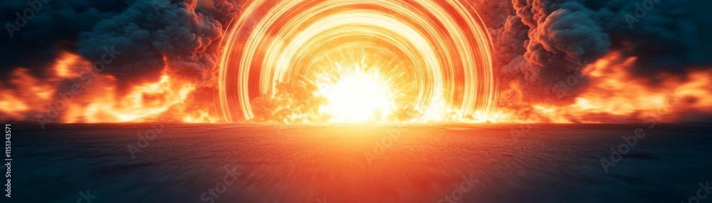 Bird s eye view of a nuclear bomb blast with concentric rings spreading ...