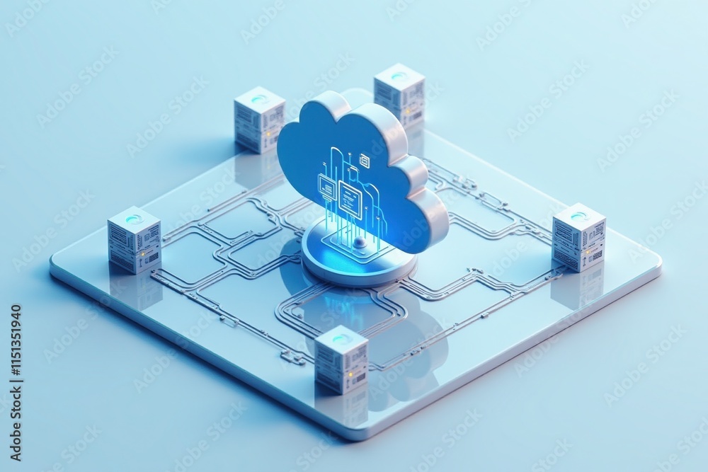 3D isometric illustration of a glowing cloud hub connected to data ...