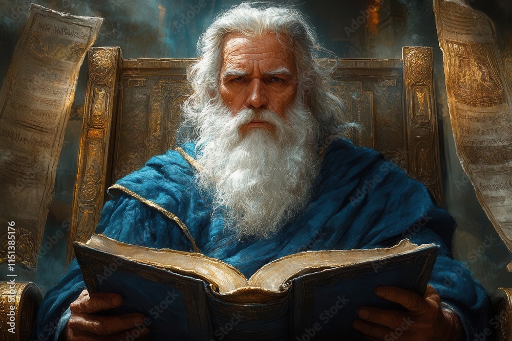 depiction of moses, the biblical prophet, surrounded by ancient scrolls ...
