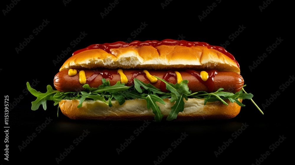 minimalist food photography, gourmet hot dog side view, fresh arugula ...
