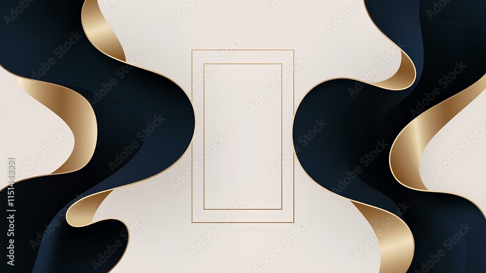 Design background with frame, flowing lines in blue and gold colors on ...