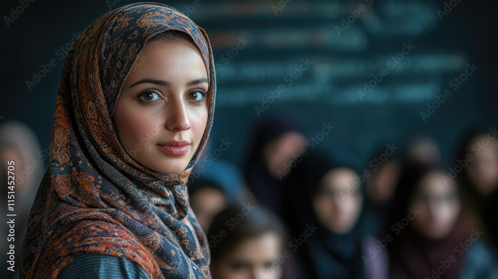 Muslim woman teacher in hijab giving a lecture in class against ...