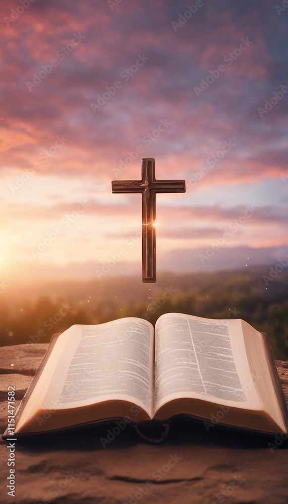 Open bible with christian cross and 2025 on top over sunset sky ...