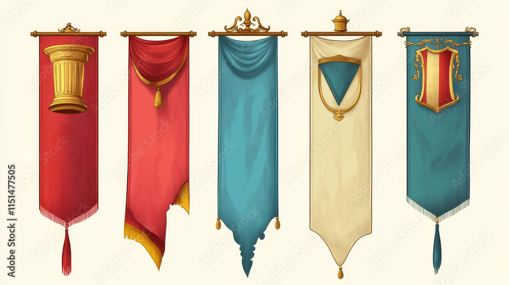 Royal flags. Medieval banners and trophy luxury fantasy empty flags ...