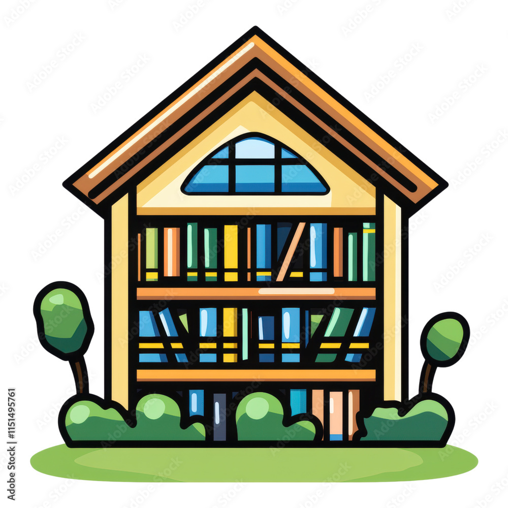 Library building icon featuring interior bookshelves, PNG format with ...