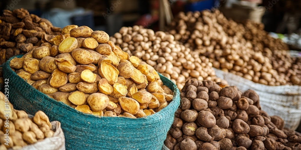 Dried potatoes, also known as chuno, showcased at a vibrant market ...