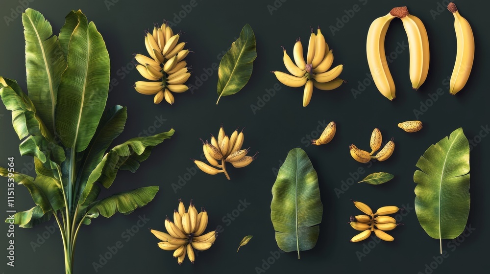 59.A digital design collection of banana trees and lush, green tropical ...