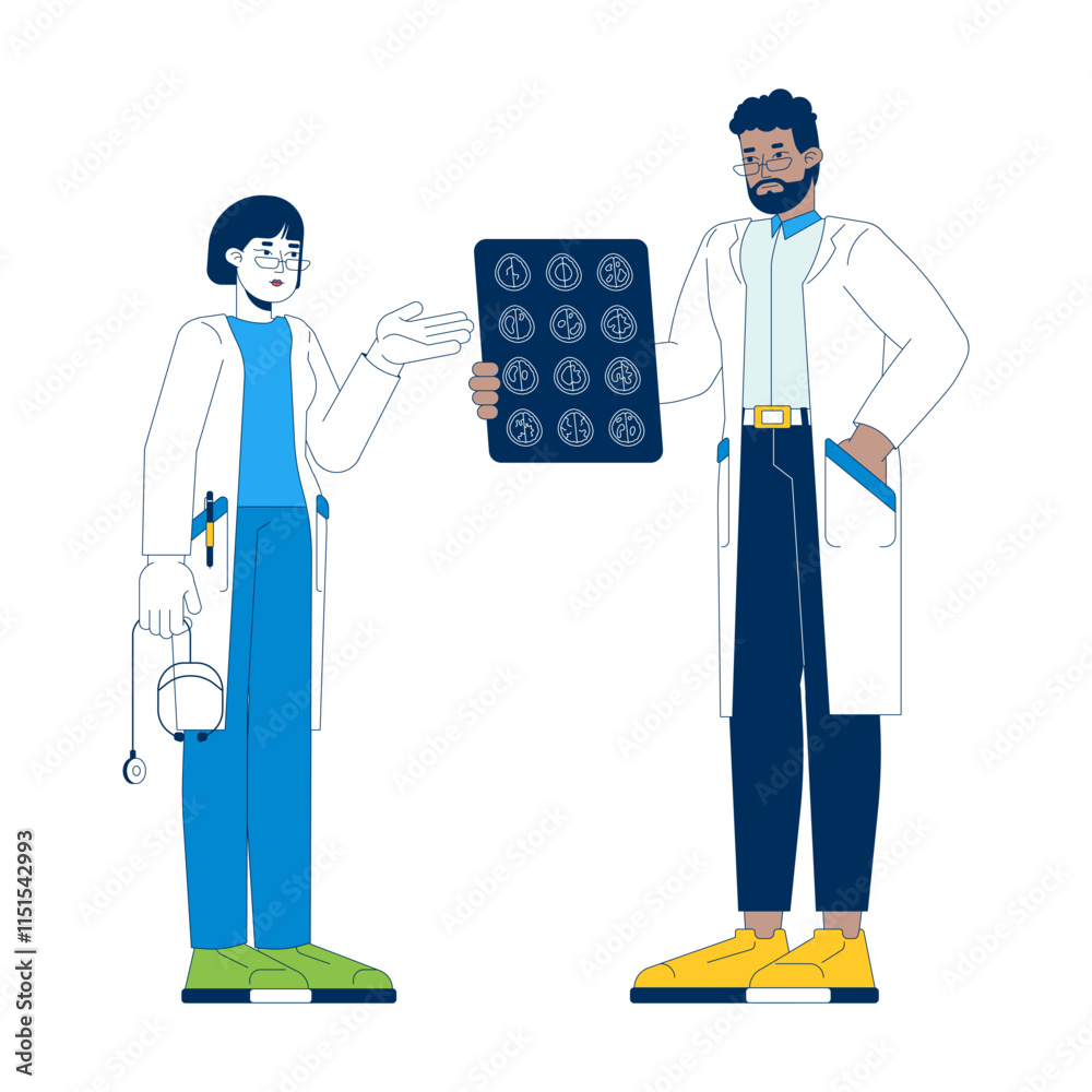 Diverse doctors discussing patient MRI xray cartoon flat illustration ...