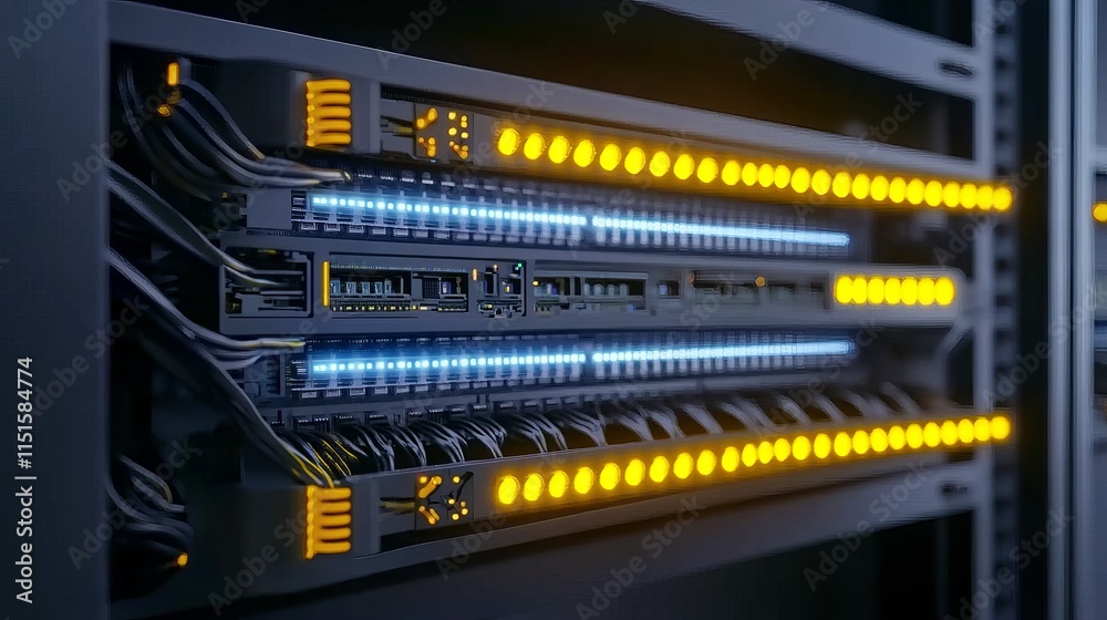 Closeup of a network switch and Ethernet cables in a rack cabinet with ...