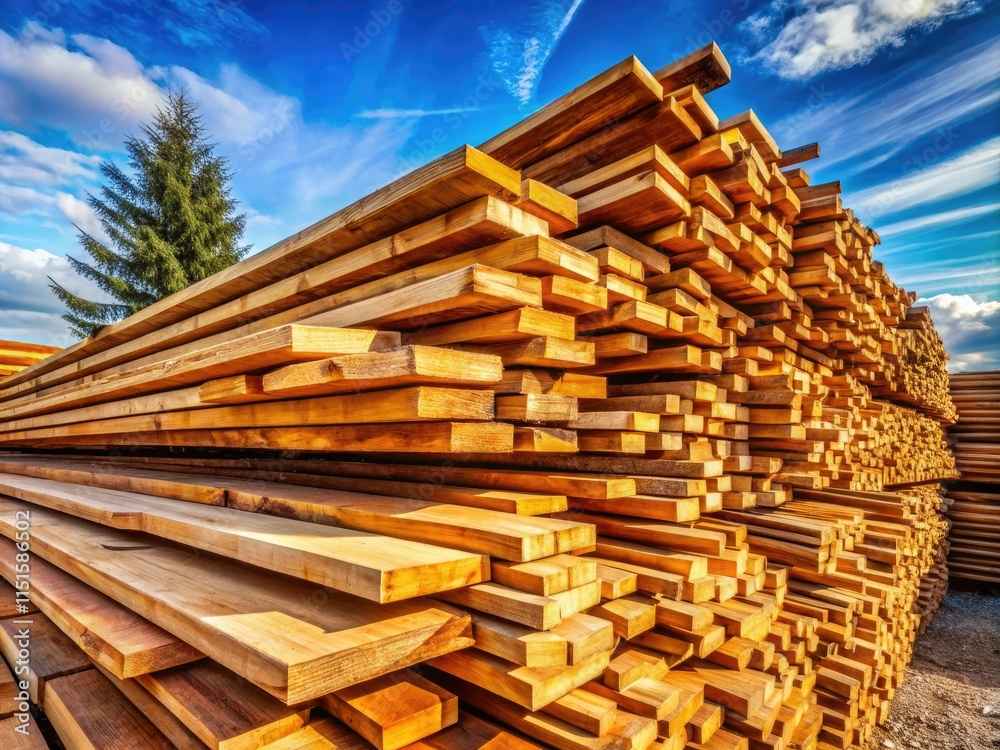 Panoramic view: Stacked, sawn lumber boards shown from the side; a ...