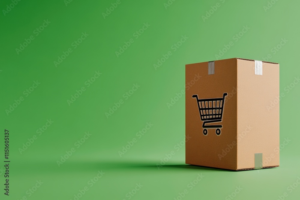 Cardboard box with shopping cart icon on a vibrant green background ...