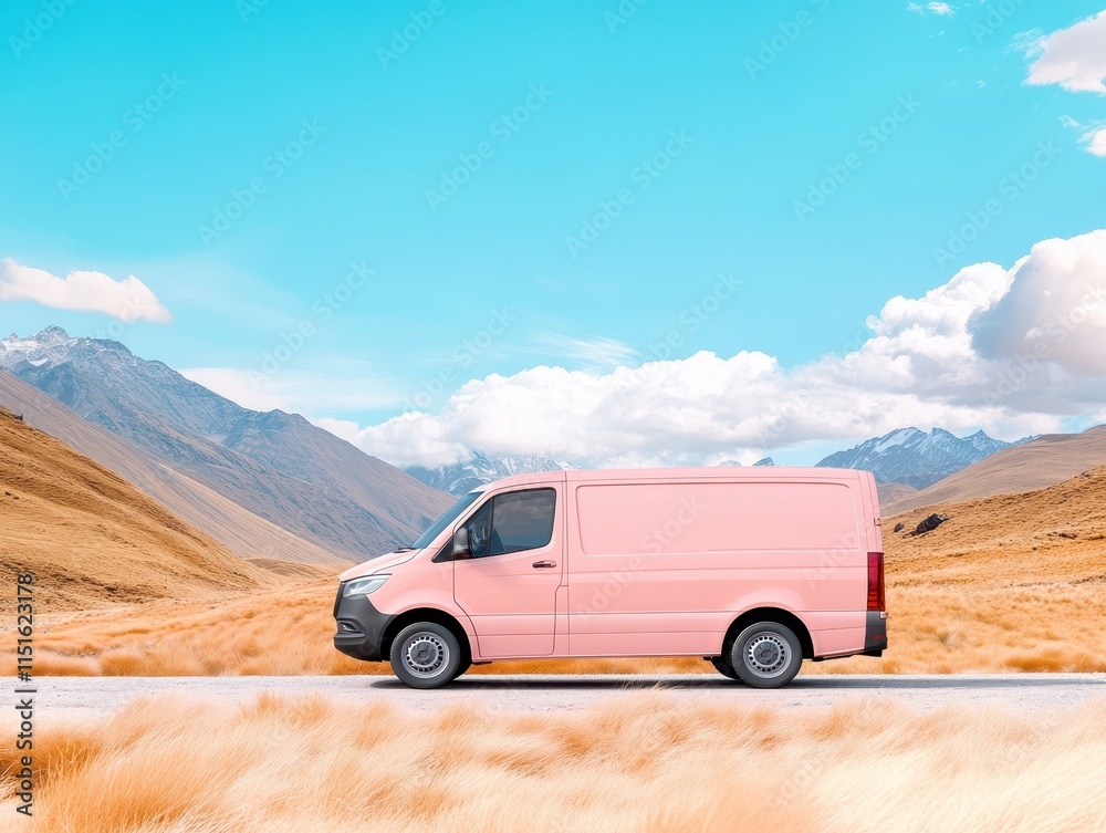 Peach-colored sprinter van parked on a scenic road surrounded by ...