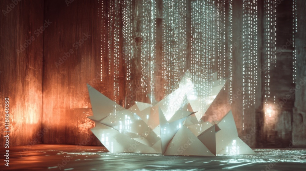 Digital Transformation Binary Code Projection Through Lightbulb On Unfolding Origami Cascading