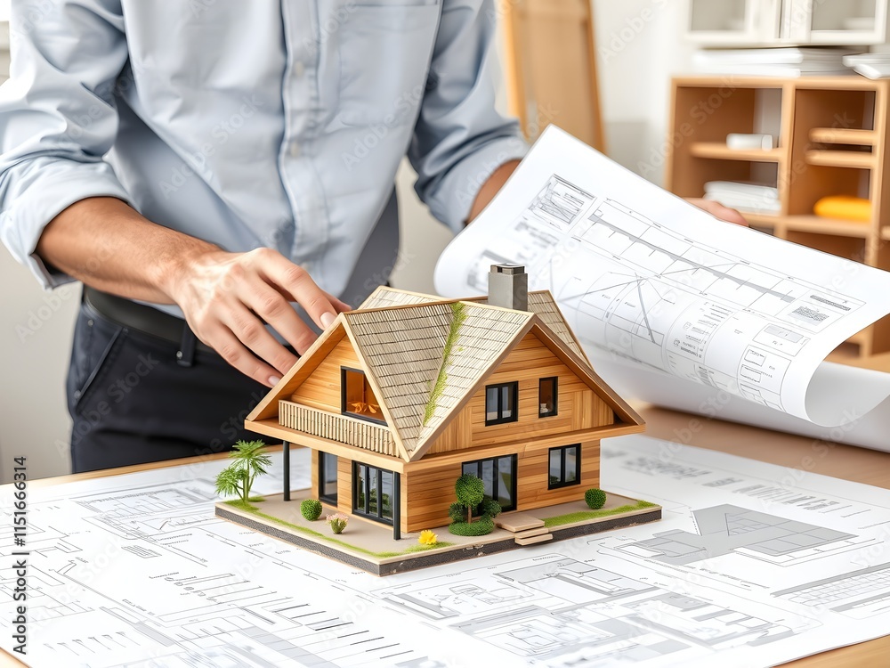 architect with blueprints. Architect reviewing blueprints with ...