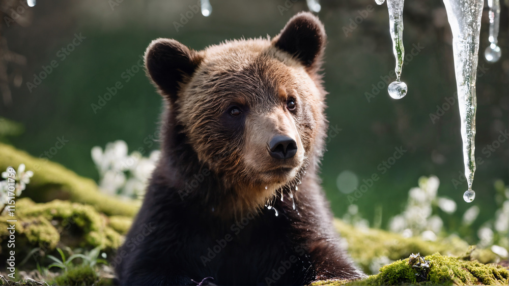 Bear waking up after hibernation with a serene expression in a natural ...