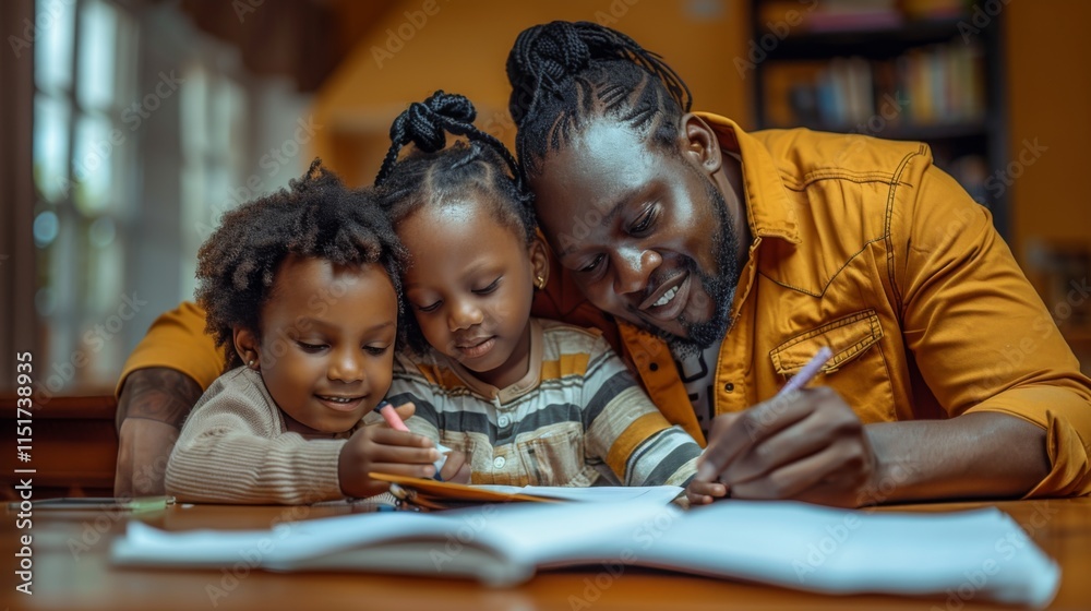 A joyful father spends meaningful time with his two young children at ...