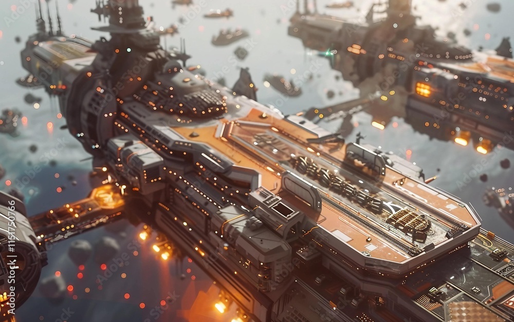 Futuristic Port with Spaceships Docking and Loading in an Advanced ...