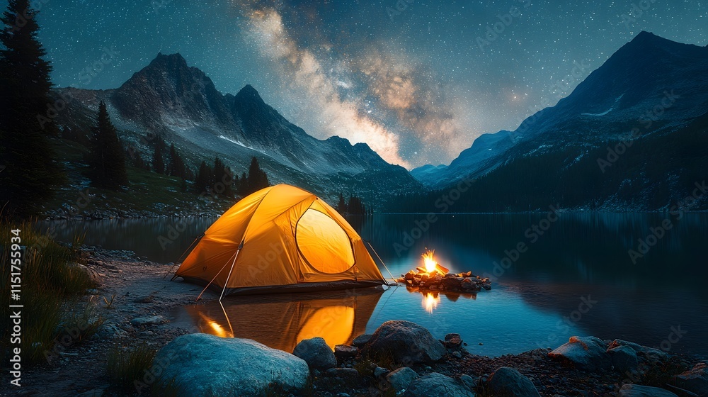 Orange camping tent by lake under starry night sky. Milky Way galaxy ...