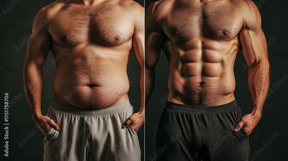 A close-up split view of a man's belly transformation, left showing a ...
