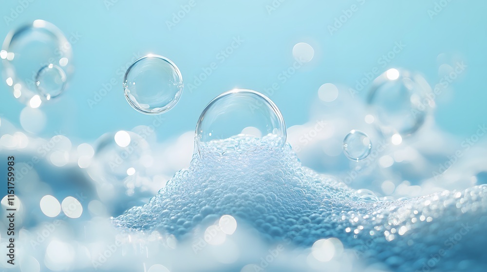Soap bubbles and foam on ocean blue background. Macro photography of ...