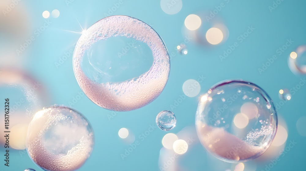 Soap bubbles and foam on ocean blue background. Macro photography of ...