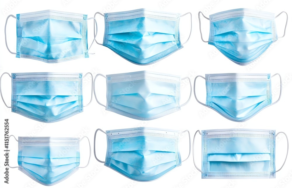 Collection of blue surgical face masks on a white background, showing ...