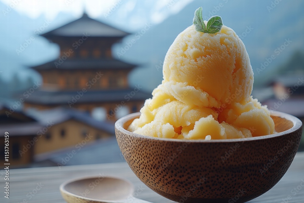 Savoring bhutanese yak cheese ice cream in a wooden bowl at dzong ...