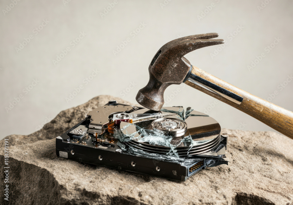 Hammer strikes a hard drive creating visible damage on a concrete ...