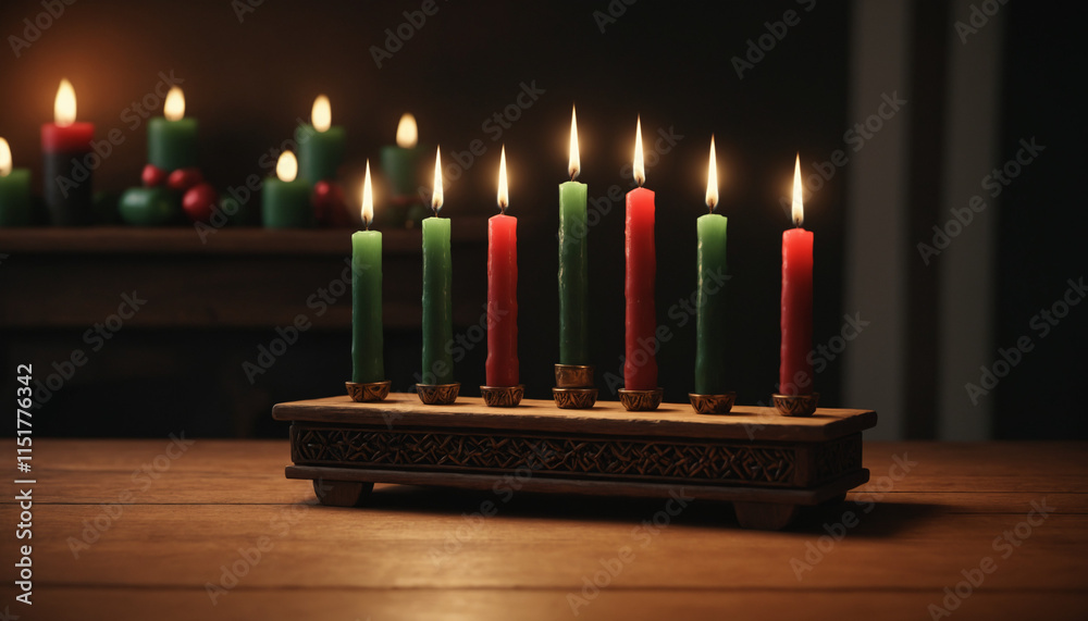 Seven lit Kwanzaa candles stand proudly on a wooden kinara, glowing ...