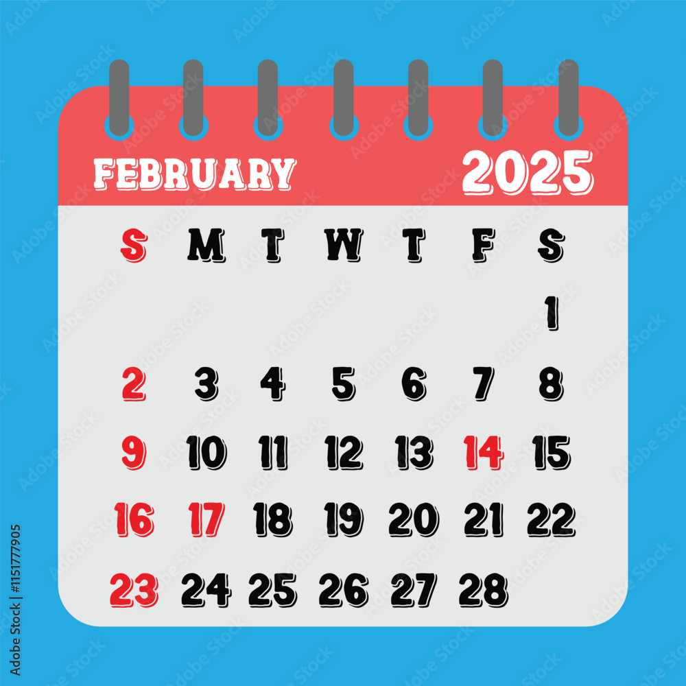 Letter calendar for February 2025. The week begins on Sunday. Time ...