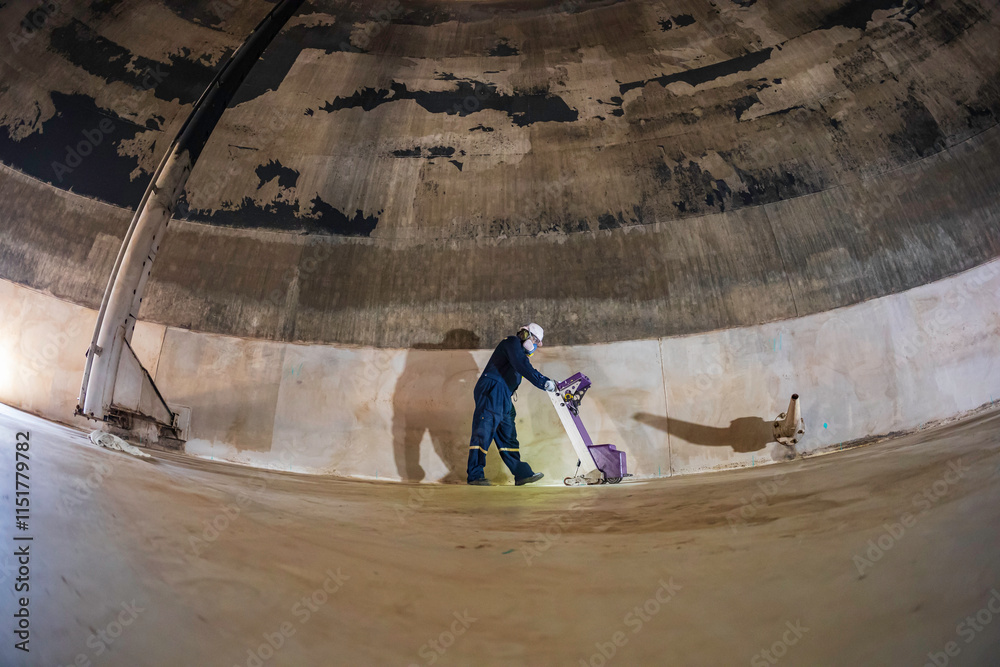 Male worker inspection floor scan tank external floating of rust wall ...