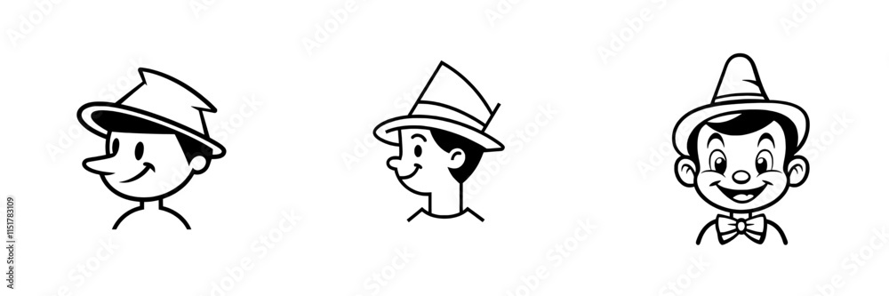 **Thin outline icon of a fairytale character, Pinocchio's face. This ...