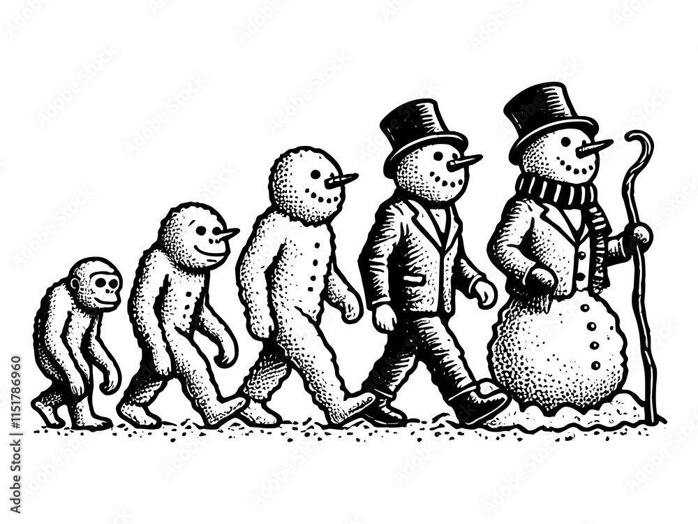 evolution of snowmen, transitioning from ape-like to formal snowmen with top hats and ...