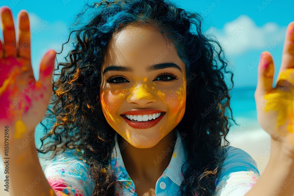 Happy African woman with curly hair, face splashed with Holi colors ...