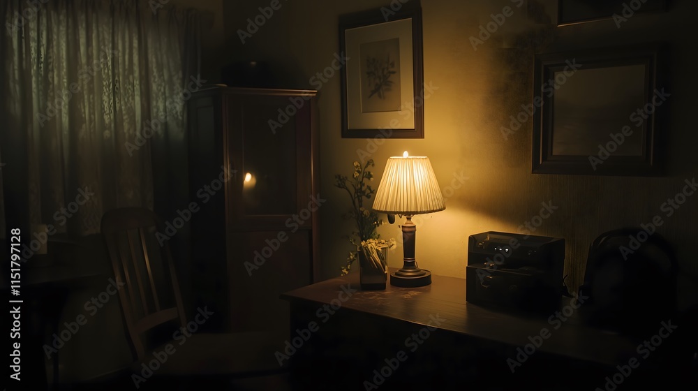 Dark room with faint emergency exit sign glow during power blackout ...