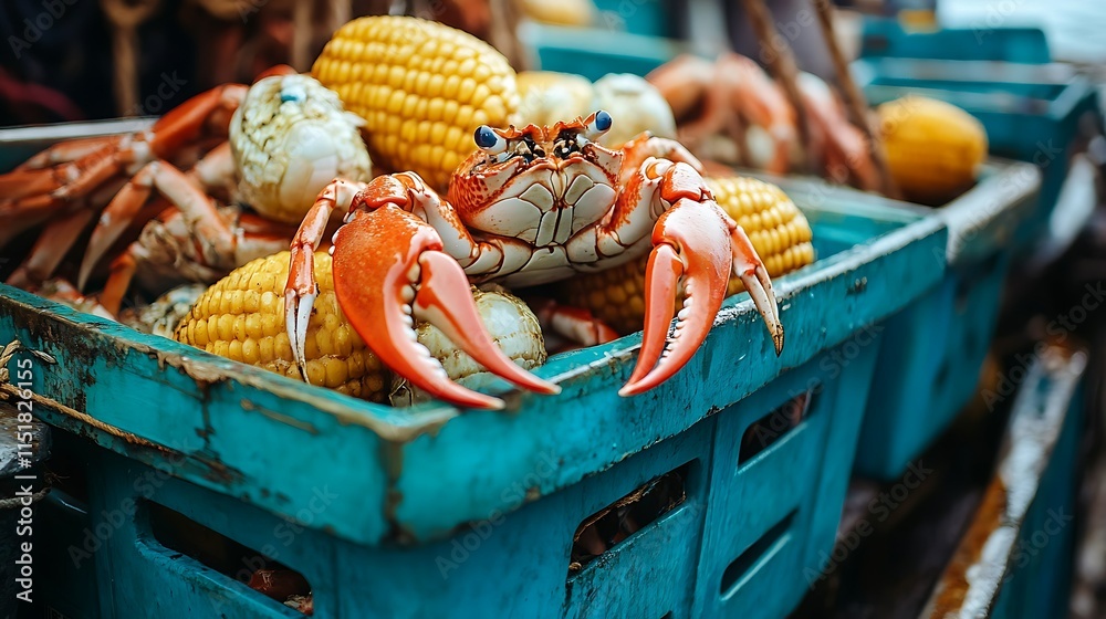 Freshly caught crabs and corn on the cob in a blue plastic crate. Stock ...