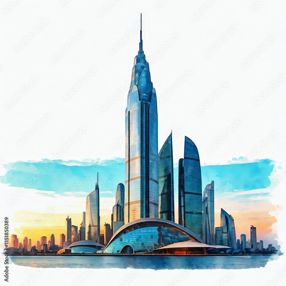 Dubai Skyline Watercolor: A vibrant, watercolor illustration of the ...