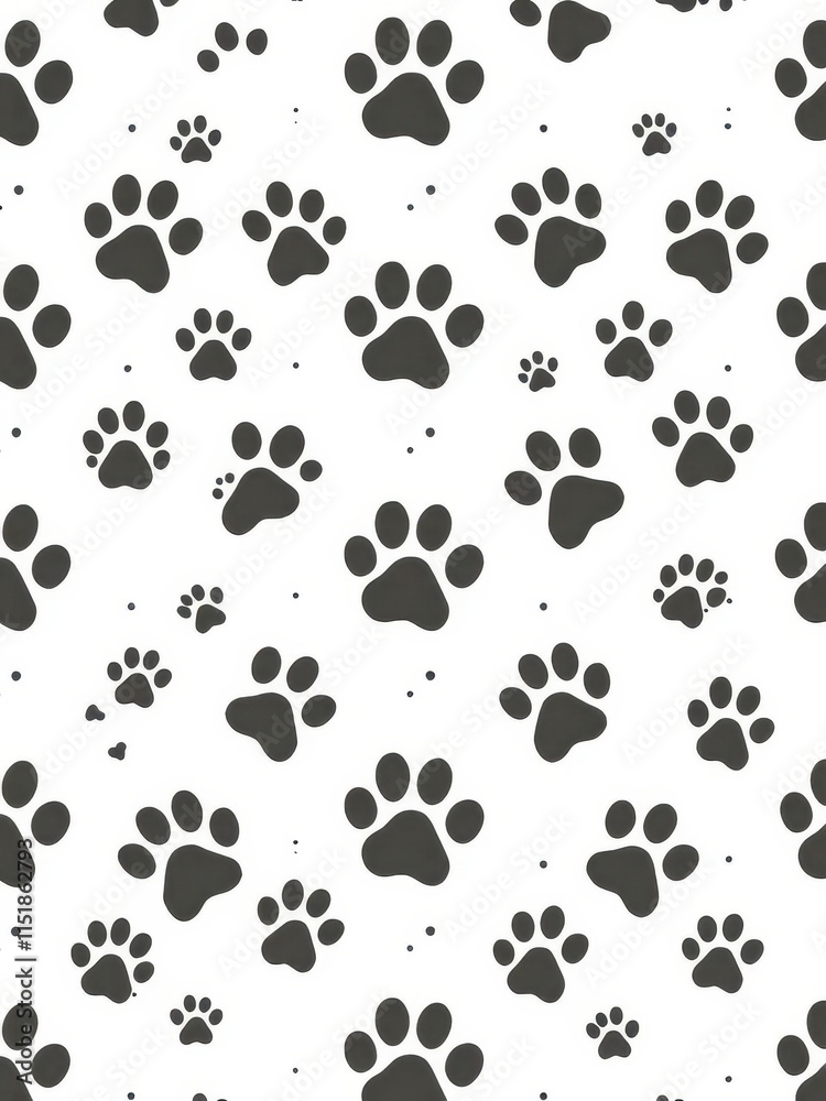 White background, playful dog paw print seamless pattern, various sizes ...