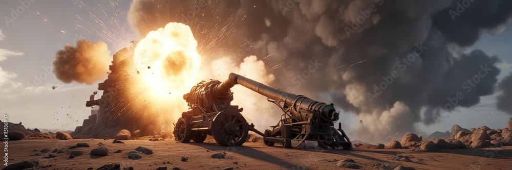 A large artillery cannon firing a shell into the air with a bright ...