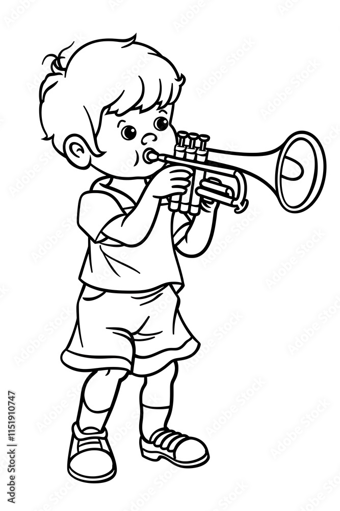 Child playing trumpet home coloring page indoor eye level music ...