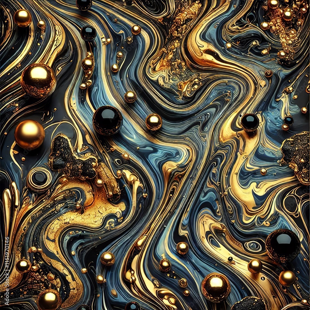 Elegant black marble with golden textures, showcasing fluid, molten gold patterns. 3D abstract ...