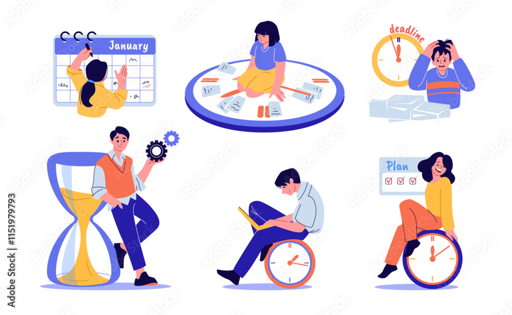 Time management. Clock, calendar and work schedule, business people ...