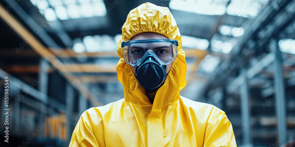 Safety First: Person in Yellow Hazmat Suit in Industrial Setting Stock ...