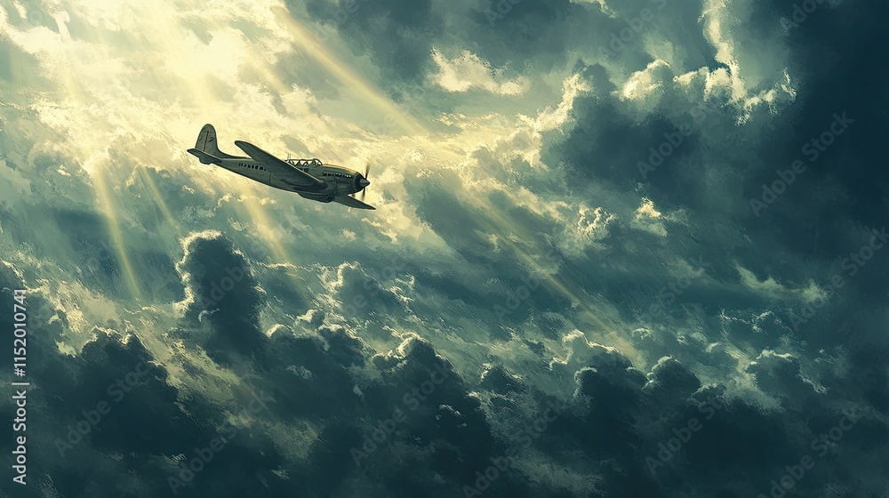 Airplane flying boldly through ominous, stormy clouds with scattered ...