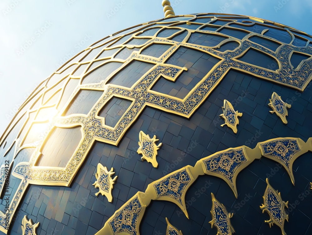 Intricate golden patterns adorn a grand dome against a blue sky ...