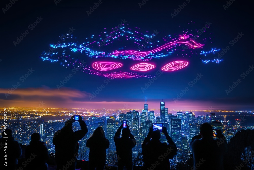 Professional photo of a choreographed drone light show over a large ...