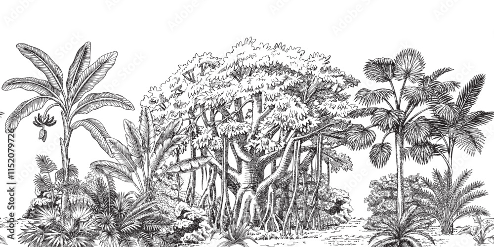 Toile tropical vintage botanical palm trees, banana tree, plants ...