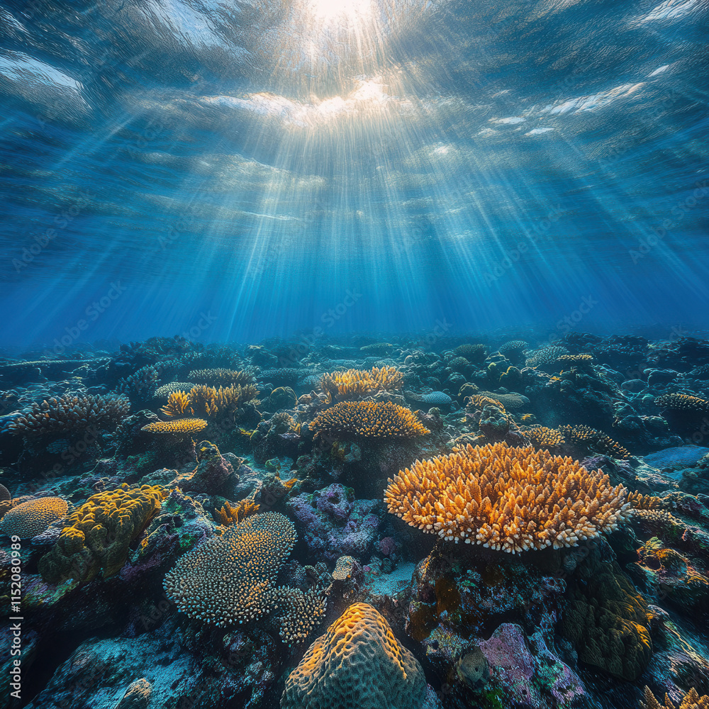 Underwater Scene of Vibrant Coral Reefs Illuminated by Sunlight with ...