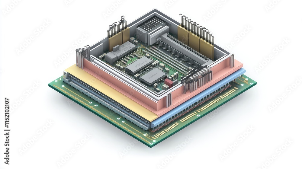 A cross-section diagram of a semiconductor microchip, highlighting the ...